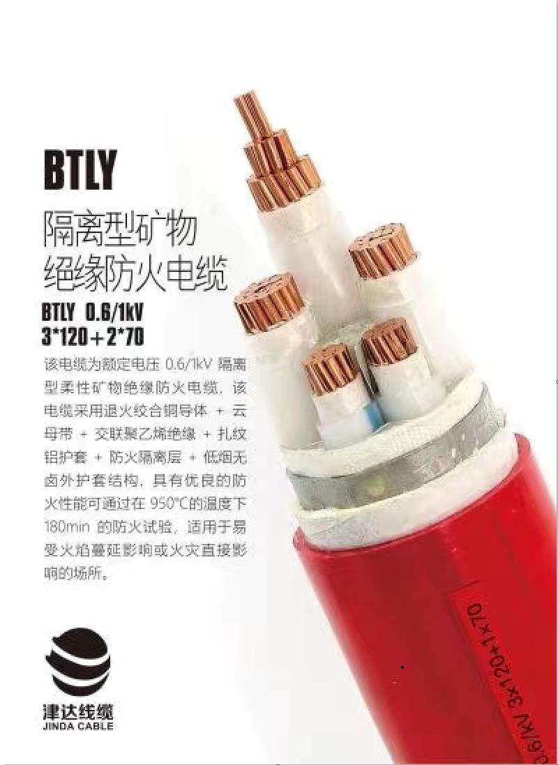 津达线缆 BTLY(NG-A) 4*70+1 防火电缆 柔性矿物隔离型防火泥电缆 产品关键词:有防火泥的电缆;NG-A(BTLY)-电缆