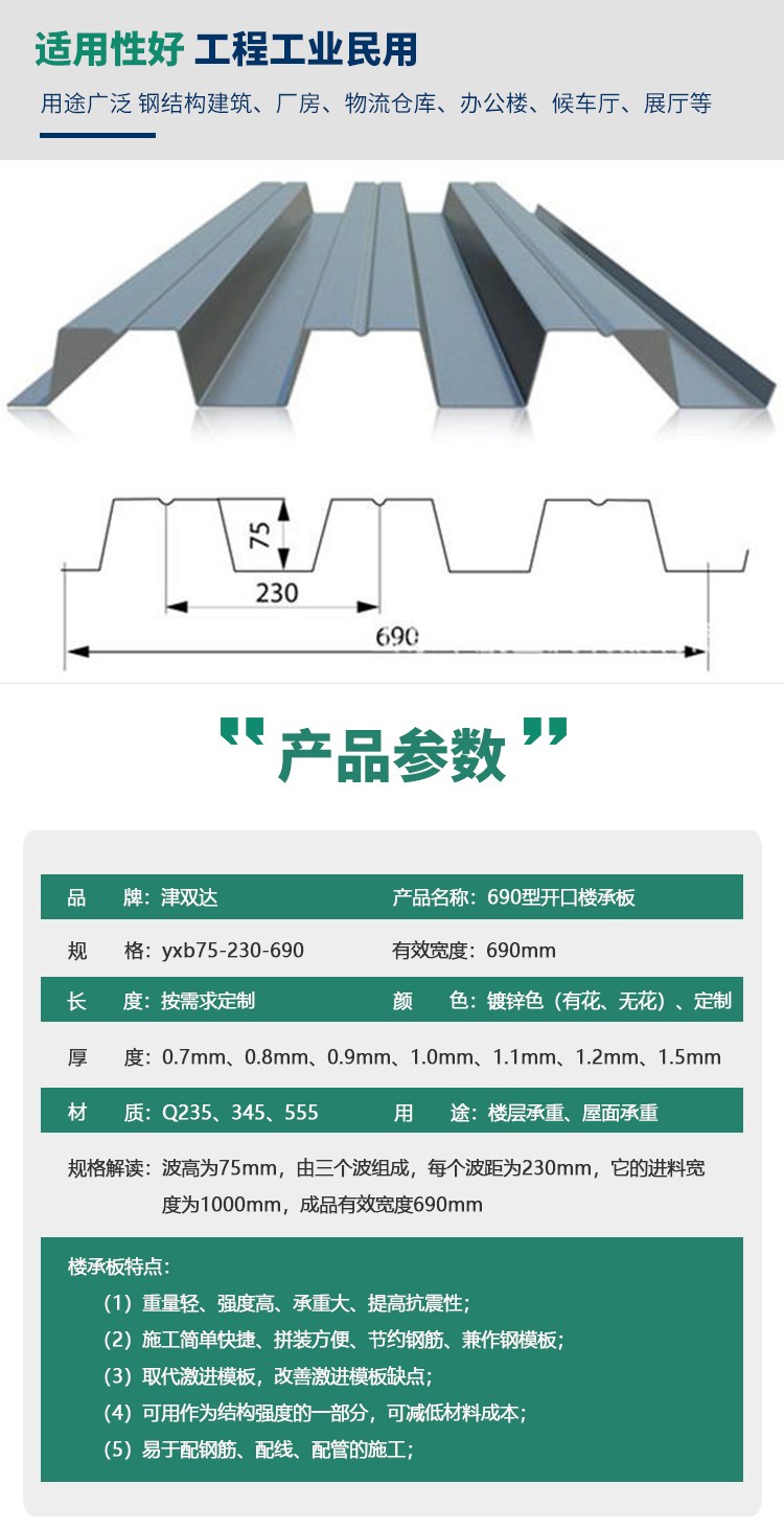 压型钢板型号yx-75-230-690(1)-1.2 0.8 1.0mm组合楼板 承重楼板瓦 产品关键词:楼板瓦690;组合楼板瓦