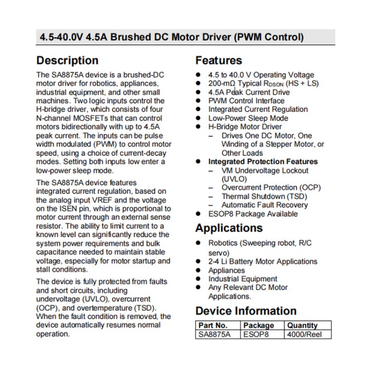 矽塔 SA8875A 4.5-40V 4.5A 中压马达驱动芯片IC 可替代AM4959 - 百度爱采购