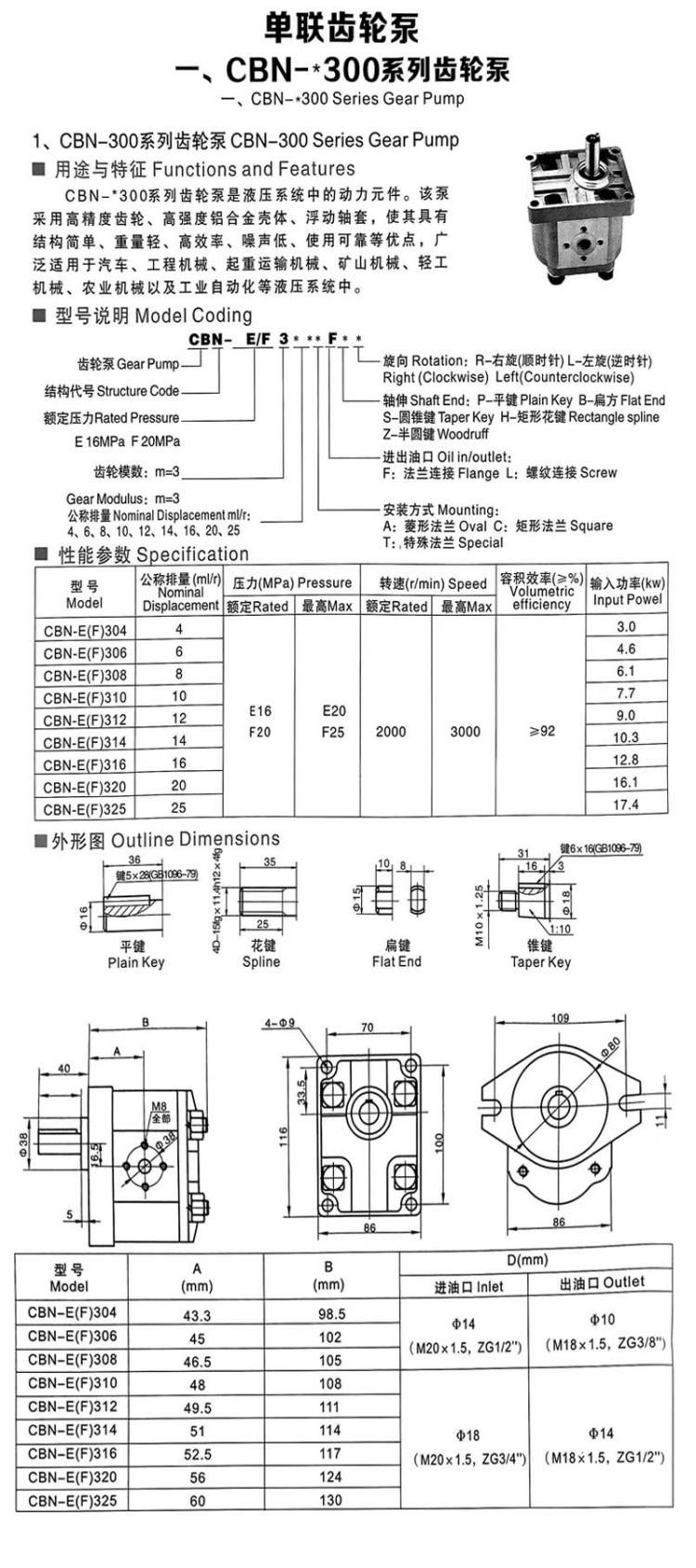 CBN液压齿轮泵CBN-E306扁轴油泵CBN-E312 CBN-E314 CBN-E318 CBNE325